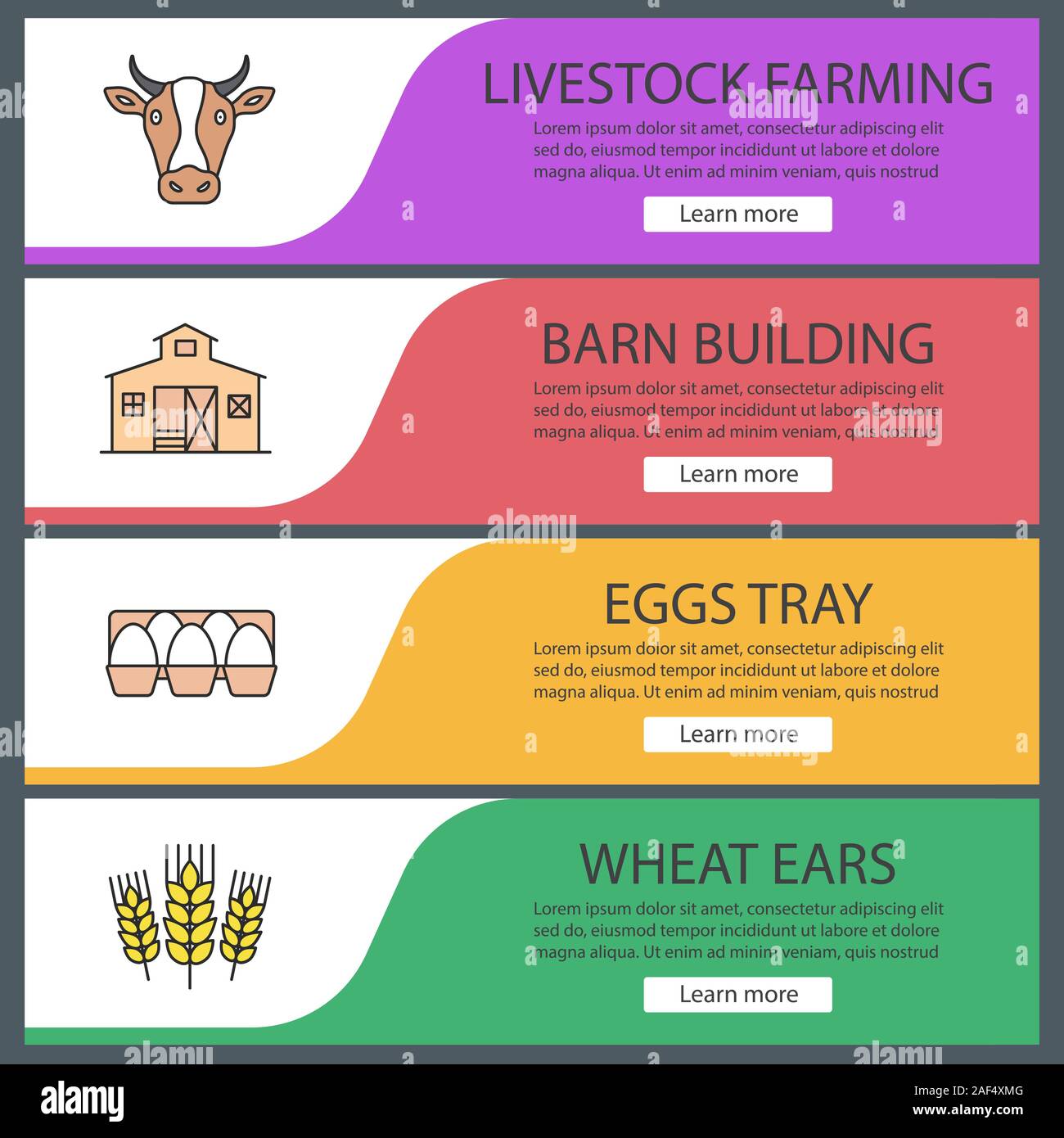 Agriculture web banner templates set. Cow head, barn building, eggs ...