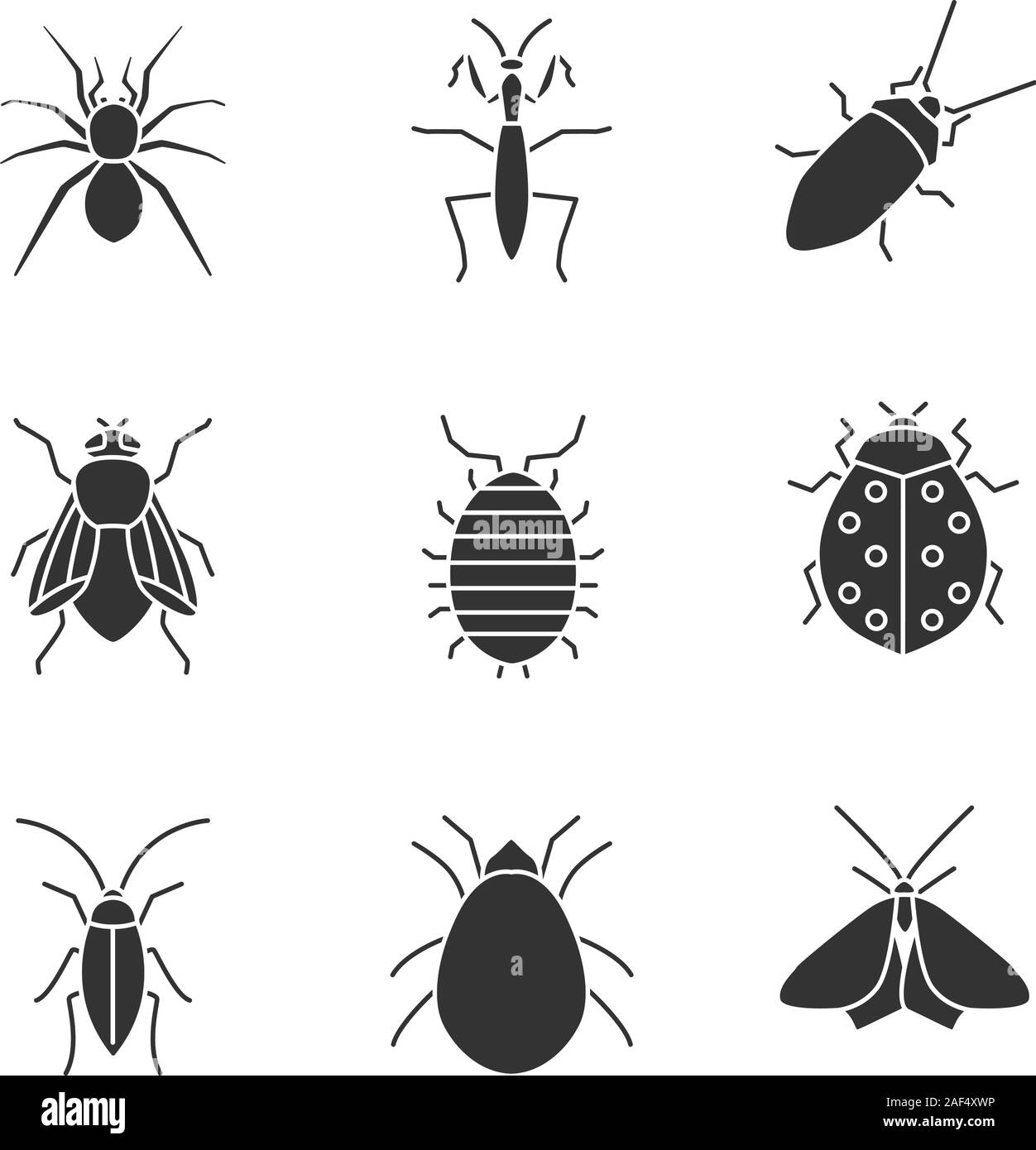 Insects glyph icons set. Spider, mantis, cockroach, woodlice, housefly ...
