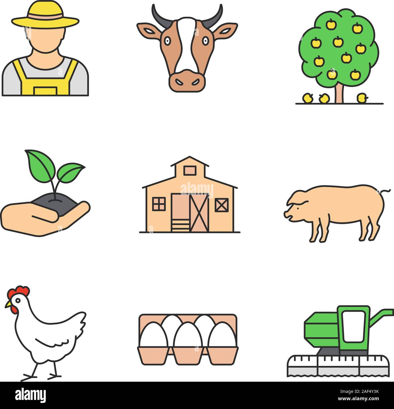 Agriculture color icons set. Farmer, cow head, fruit tree, sprout in ...
