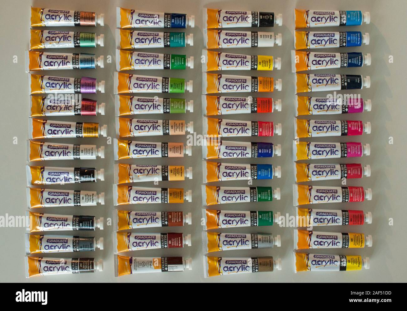 A colour palette of 48 acrylic paint colours in small tubes Stock Photo ...