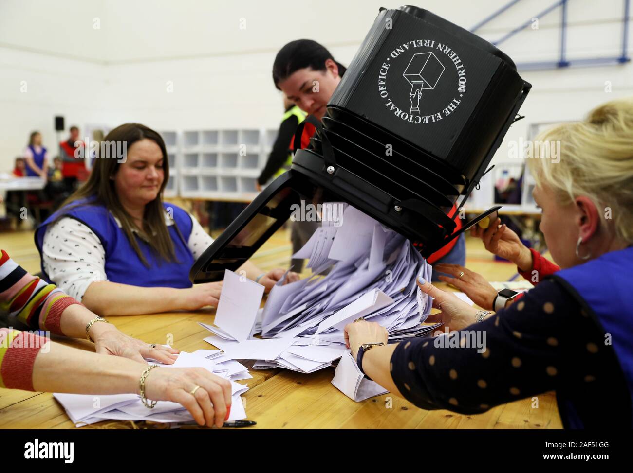 Ballot boxes are opened at the Leisure Centre, in Omagh, Northern ...