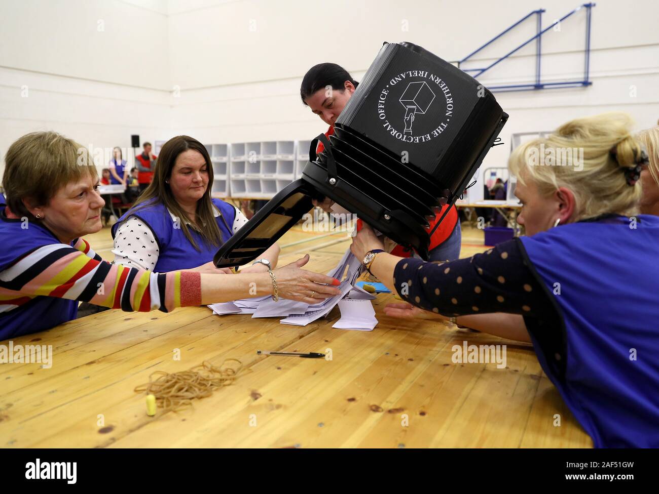 Ballot boxes are opened at the Leisure Centre, in Omagh, Northern ...