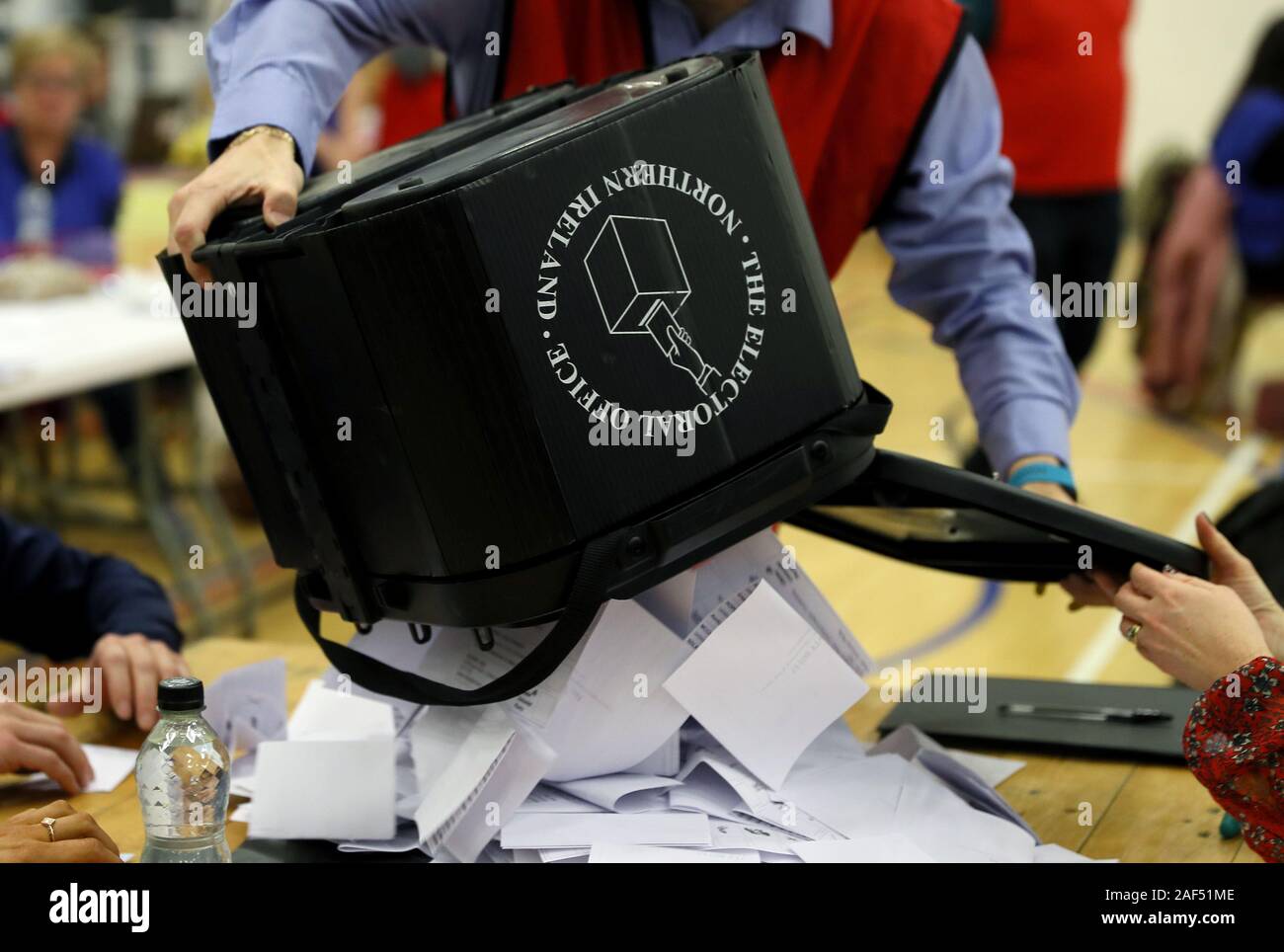 Ballot boxes are opened at the Leisure Centre, in Omagh, Northern ...