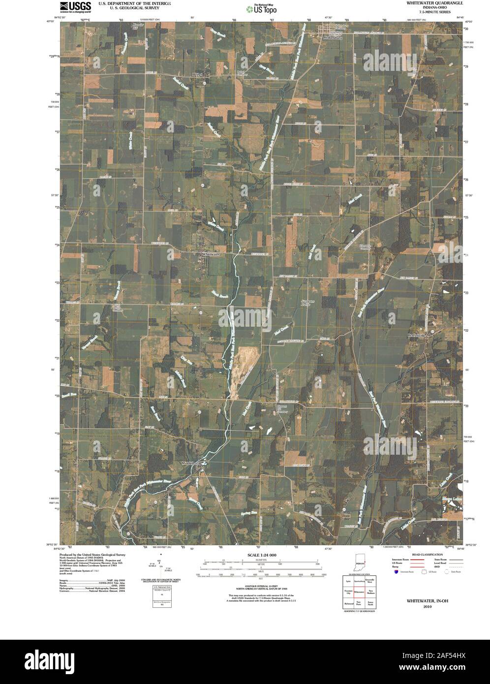 USGS TOPO Map Ohio IN Whitewater 20100722 TM Restoration Stock Photo ...