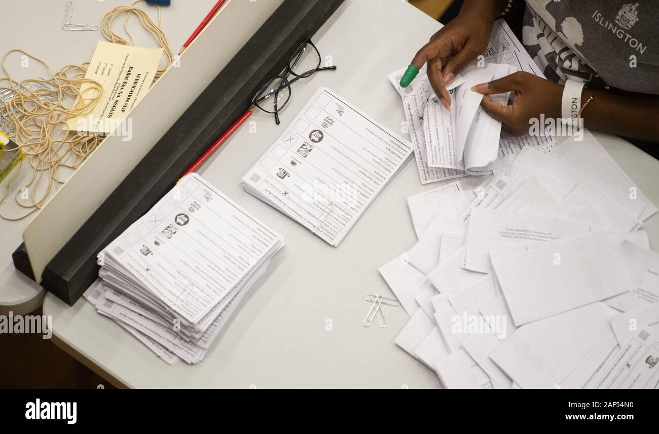 Ballot papers are verified during the count at Islington Town Hall for ...