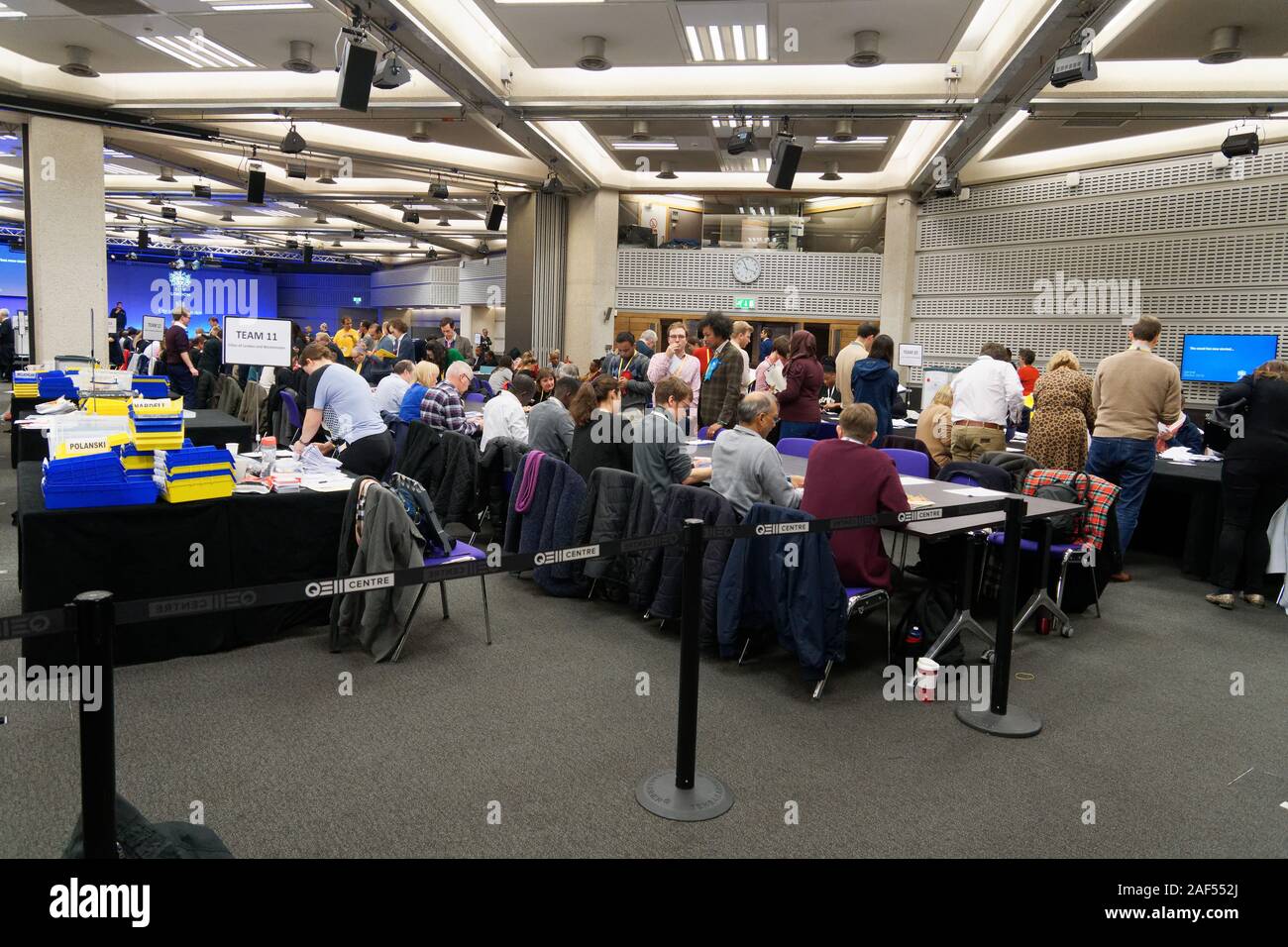 London, UK. 12th Dec, 2019. General Election 2019. Counting in progress ...