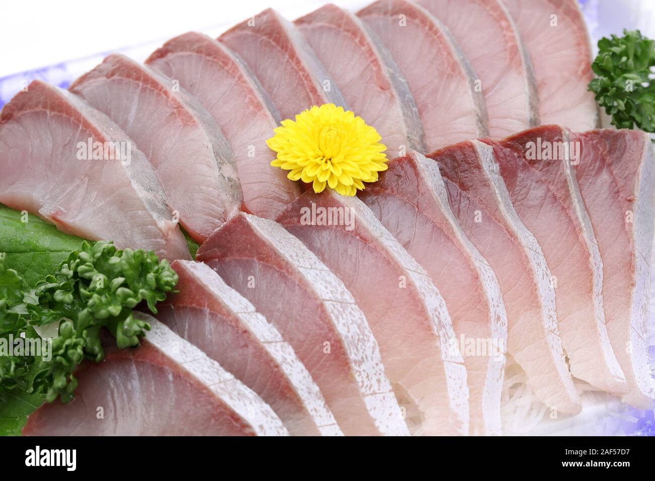 Japanese seafood, Sashimi of hamachi yellowtail on tray Stock Photo - Alamy
