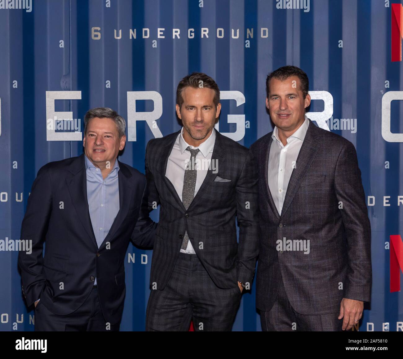 New York, NY, USA - December 10, 2019: Ted Sarandos, Ryan Reynolds and ...