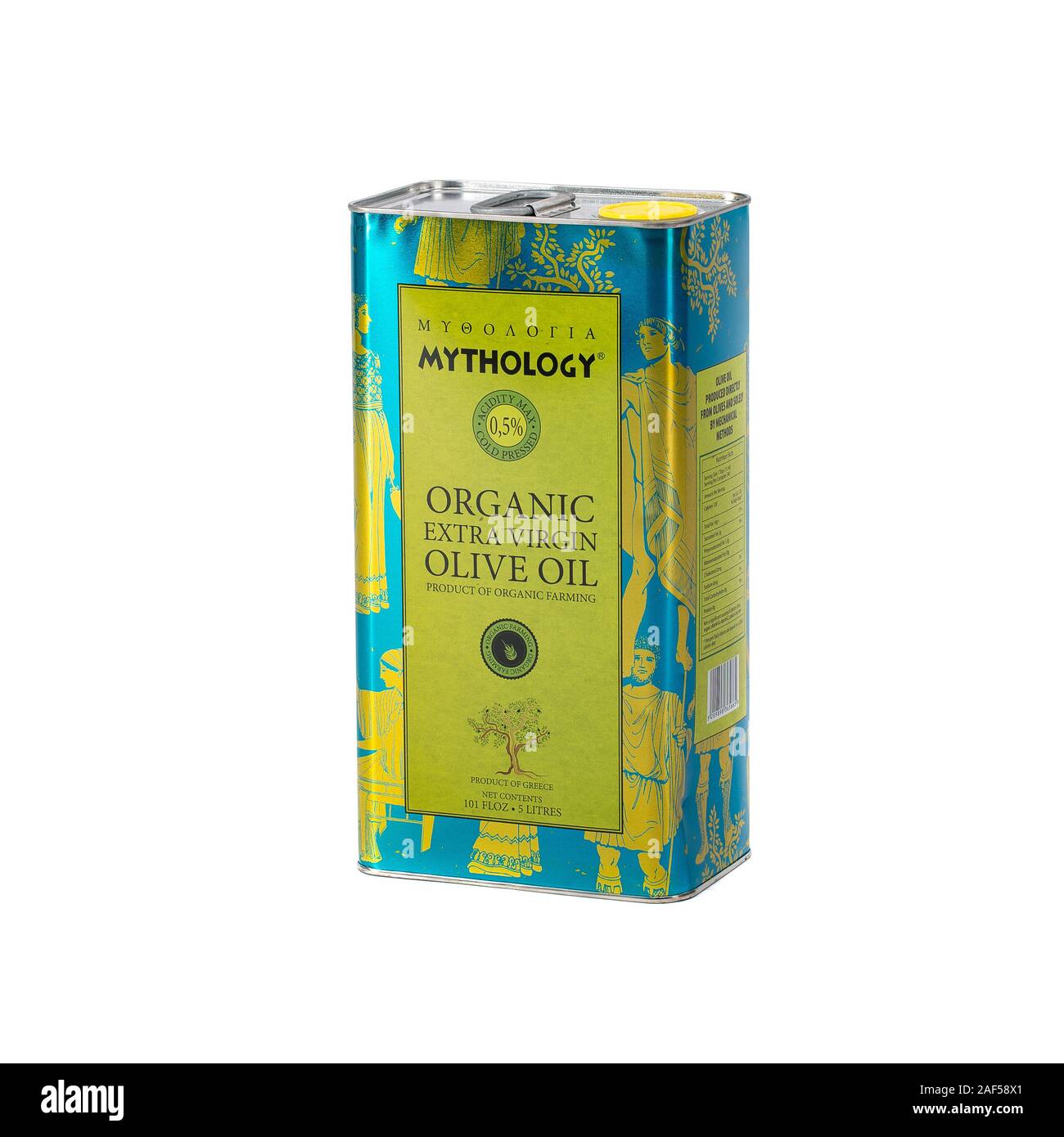 Olive oil can with label on white background. Logo Olive Oil Extra ...