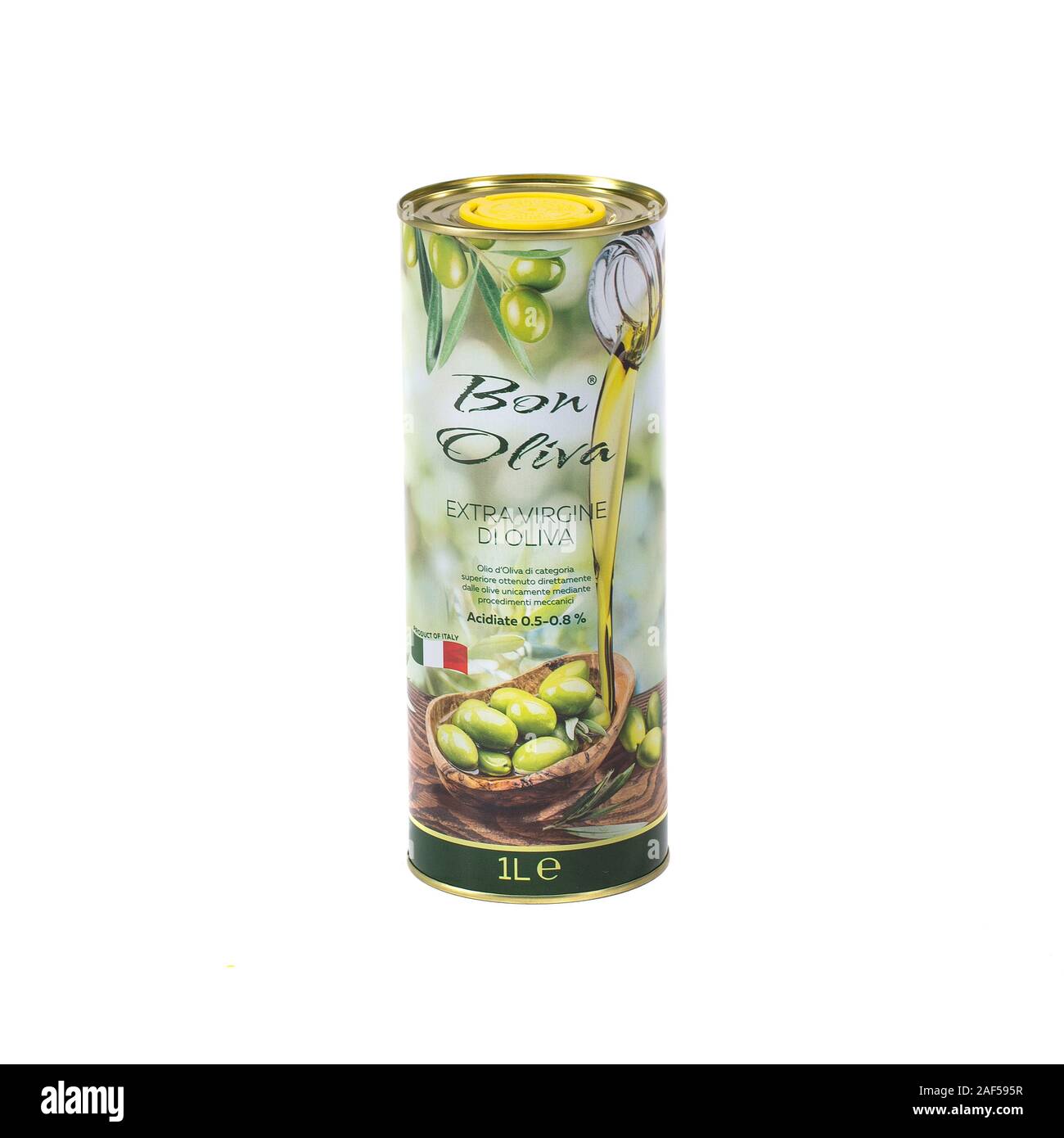 Olive oil can with label on white background. Logo Olive Oil Extra ...