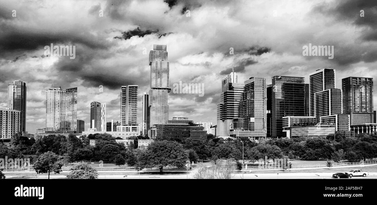 Black and white Austin, TX cityscape. New modern buildings in downtown ...
