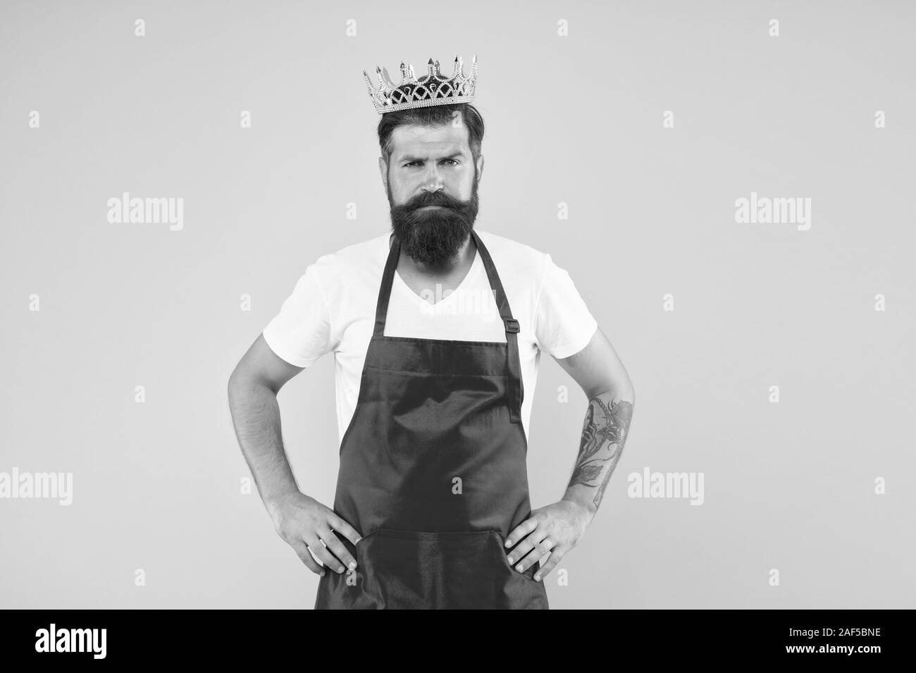 Cook food. Cook with beard and mustache yellow background. Royal recipe ...