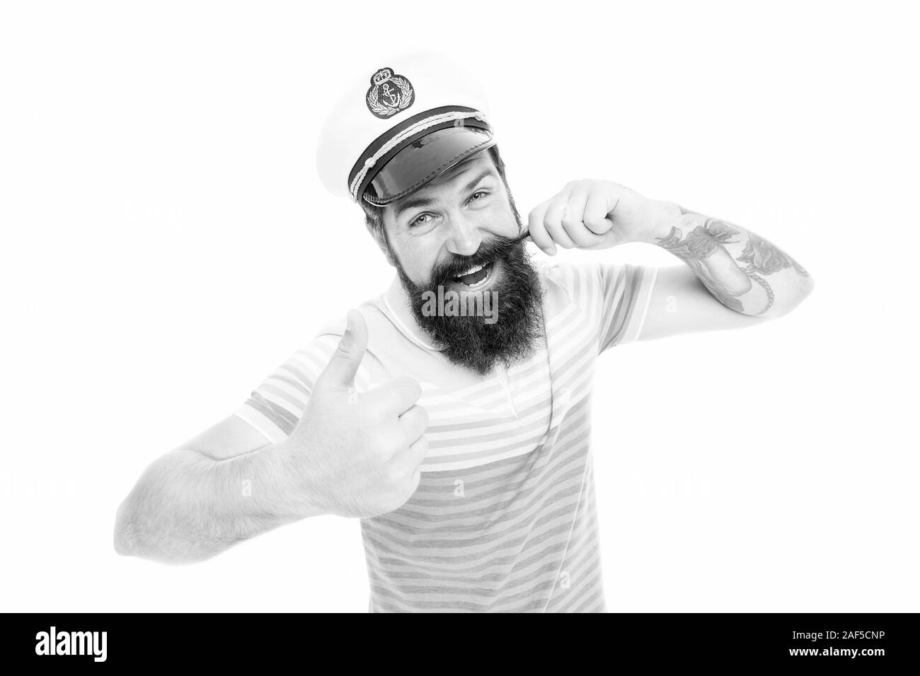 Proud of his mustache. Happy sailor twirl mustache. Bearded man with ...