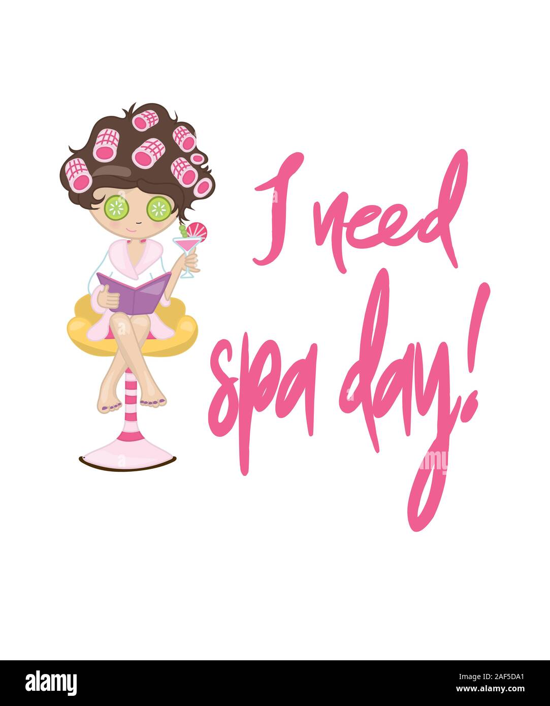 I need spa day graphic pink script text and a woman with curler rollers ...