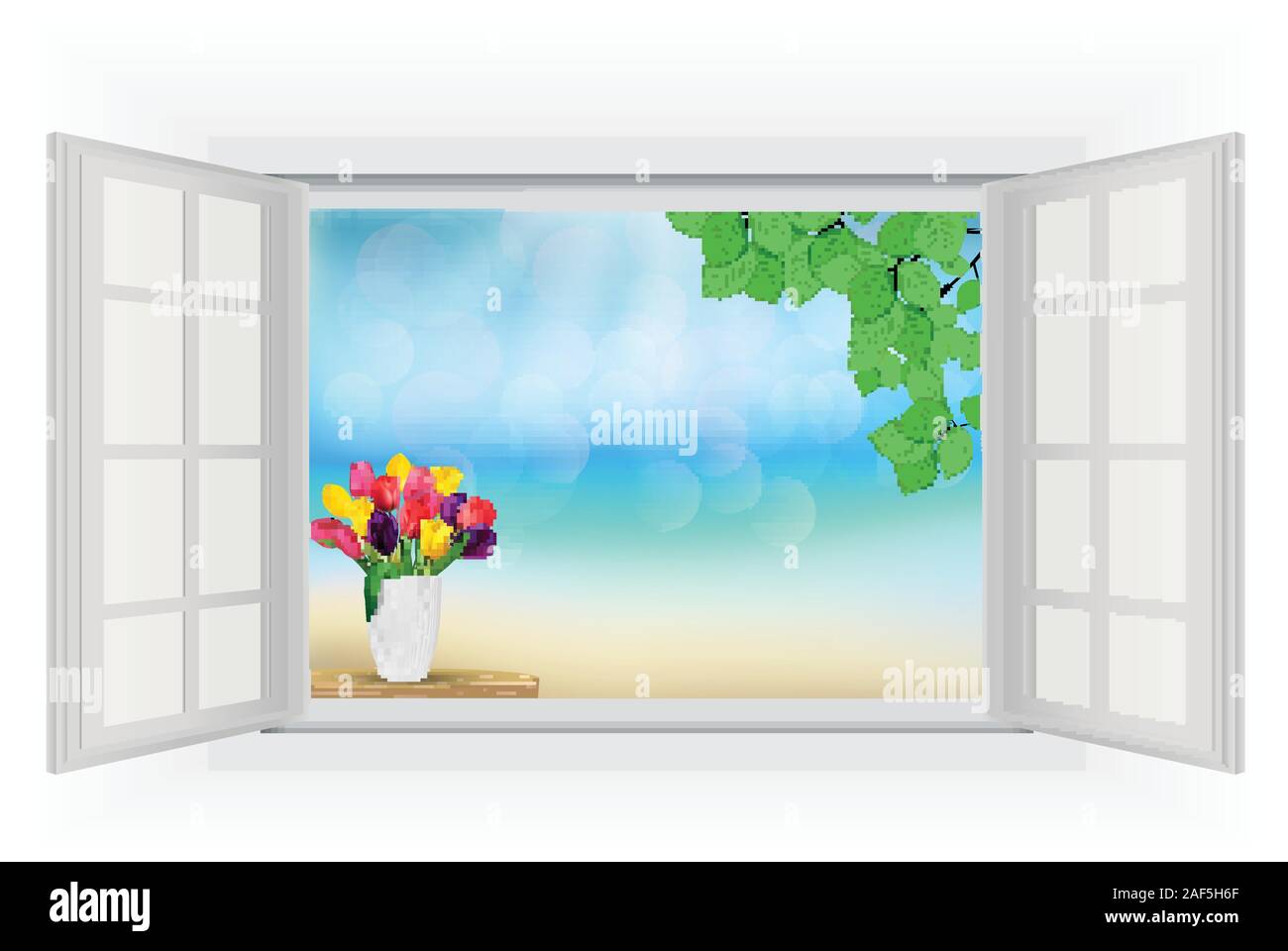 Open window with tulip flowers and leaf in rainbow colours in a white ...