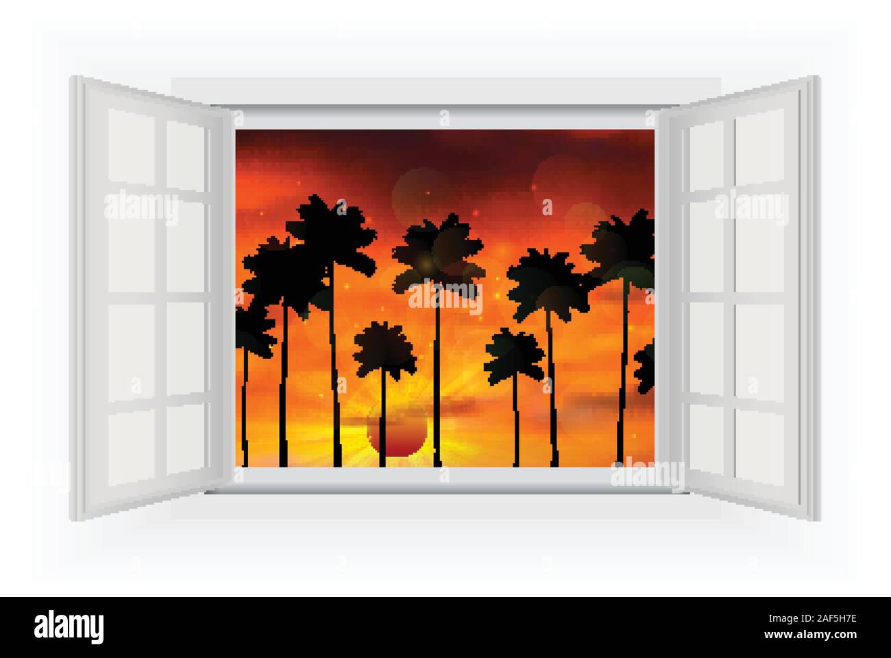 Open window with palm tree view of sunset Stock Vector Image & Art - Alamy