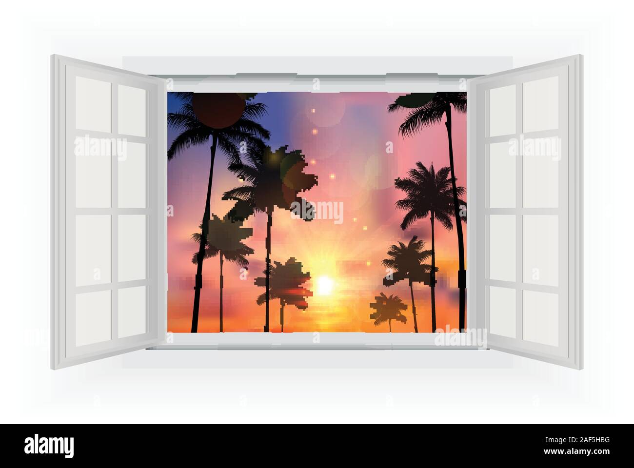 Beautiful sunset with palm trees of opened window view Stock Vector ...