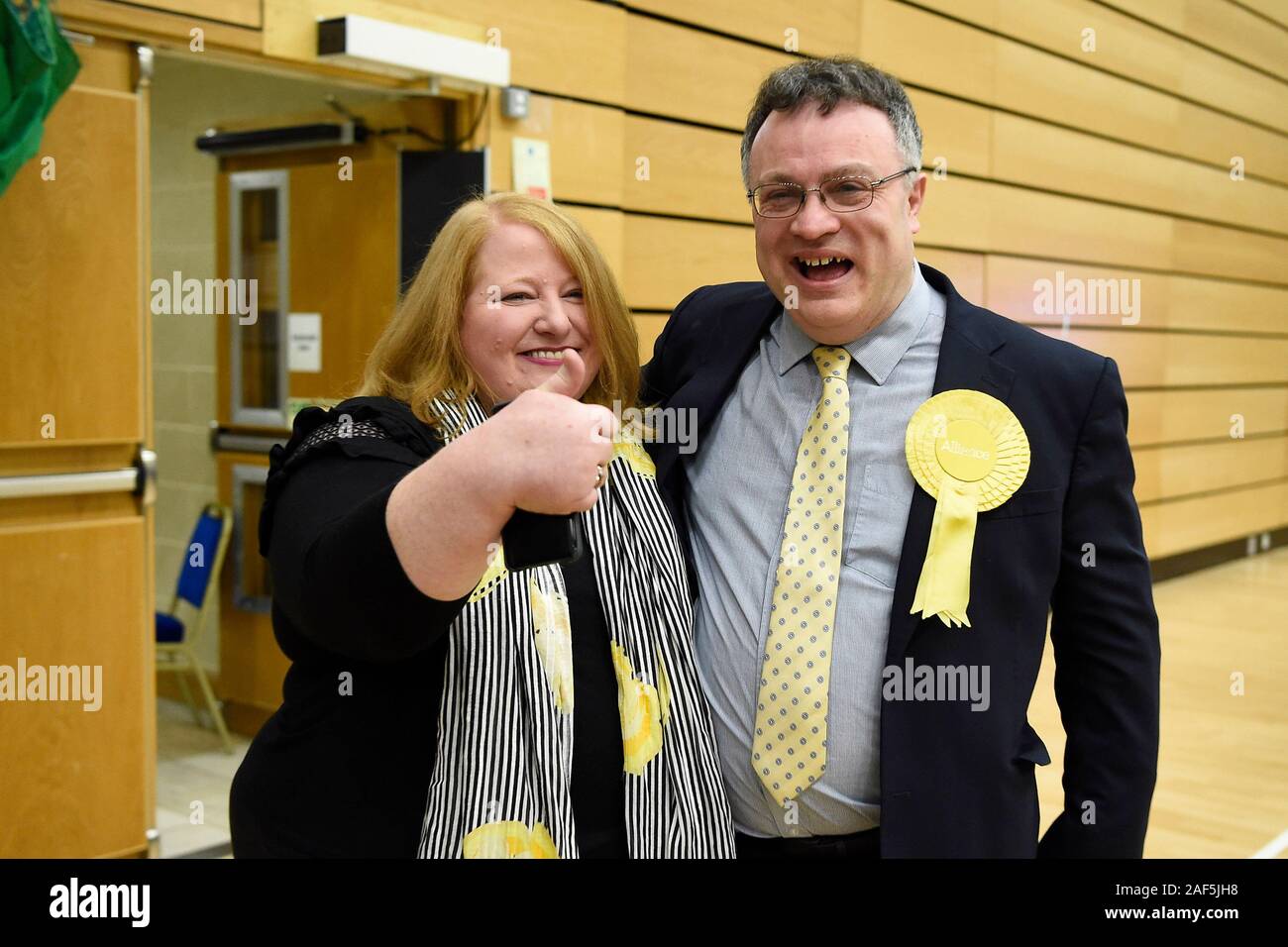 Stephen Farry of the Alliance Party with party leader Naomi Long after ...