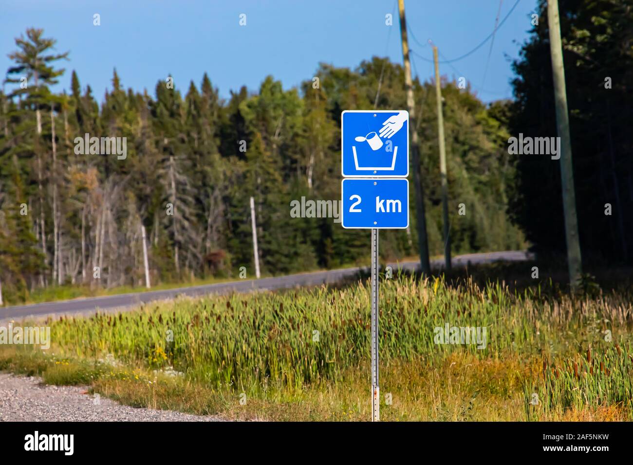 Trash symbol on a blue road sign after 2 km, pine trees forest on the ...