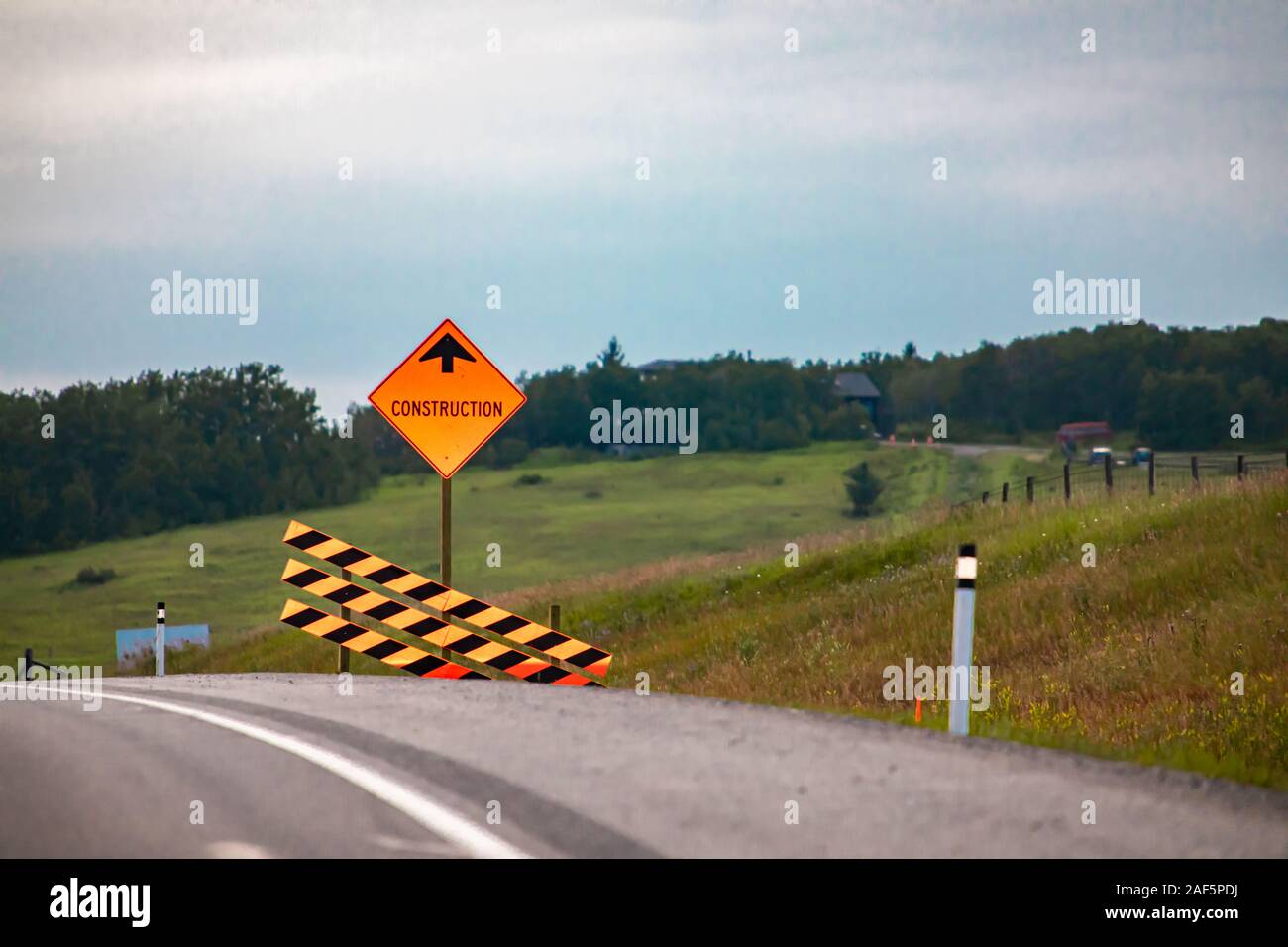 Temporary condition road signs, Construction work ahead with Barriers ...