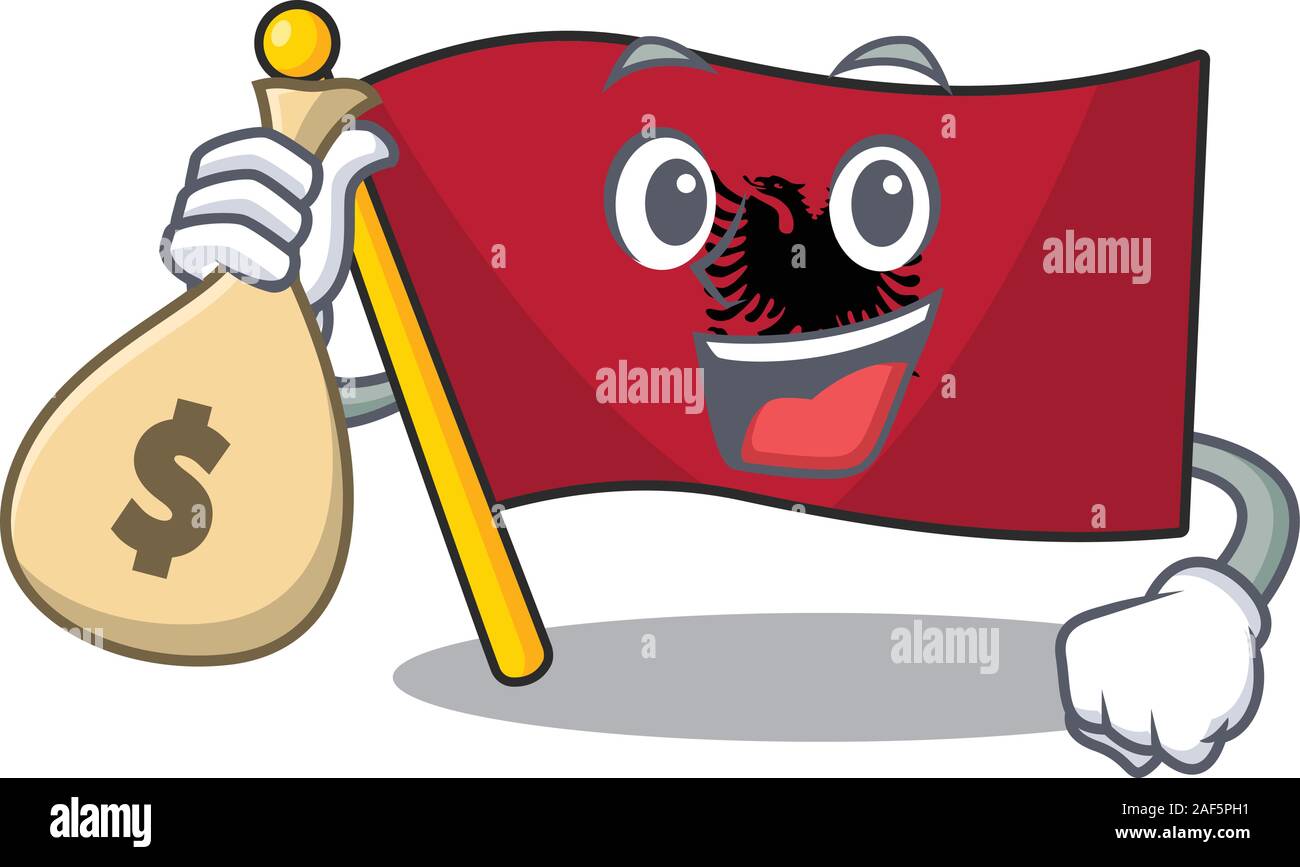 Smiley flag albania Scroll cartoon character with money bag. Vector ...