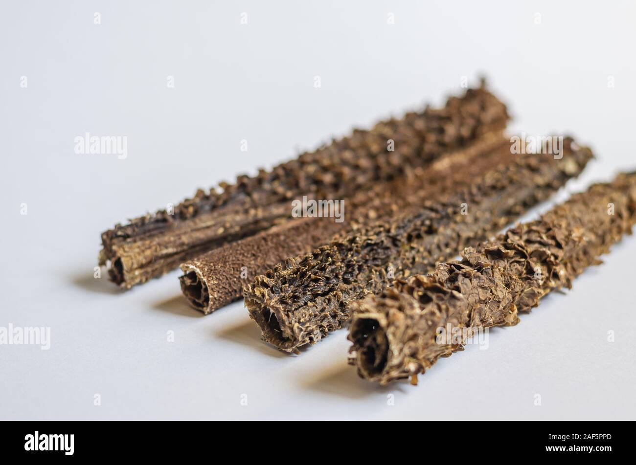 4 sticks of dried treats for dogs. Air-dried beef tripe on a white ...