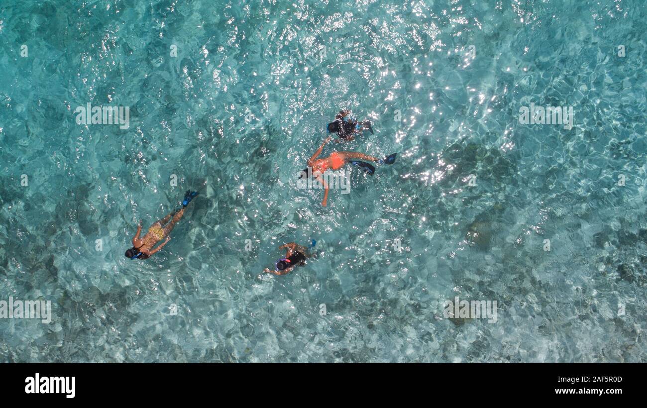 Young girls snorkeling in blue clear water above coral reef on ...