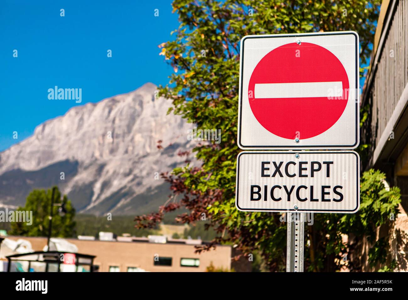 selective focus on do not enter road sign with except bicycles sign ...