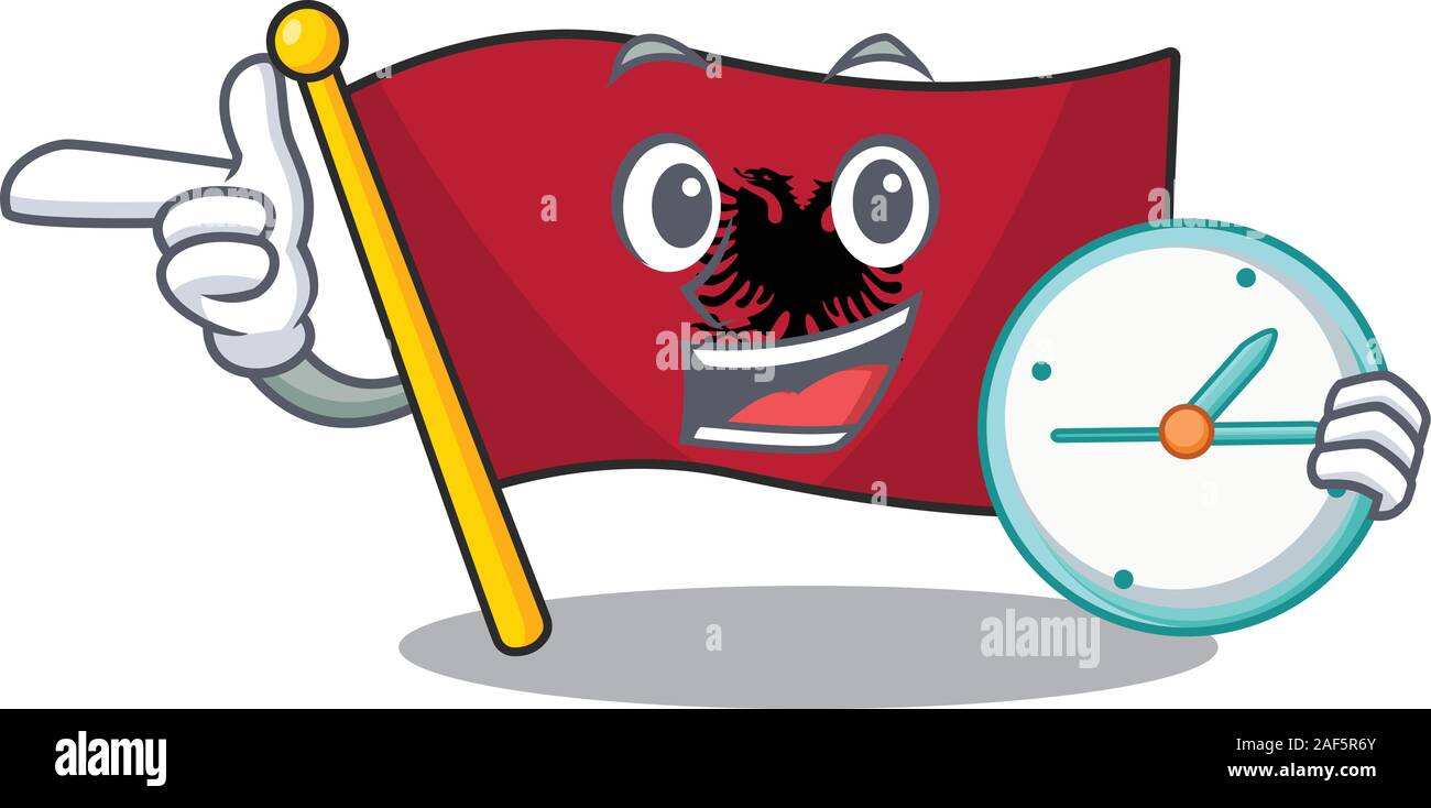 smiling flag albania Scroll cartoon character style with clock. Vector ...