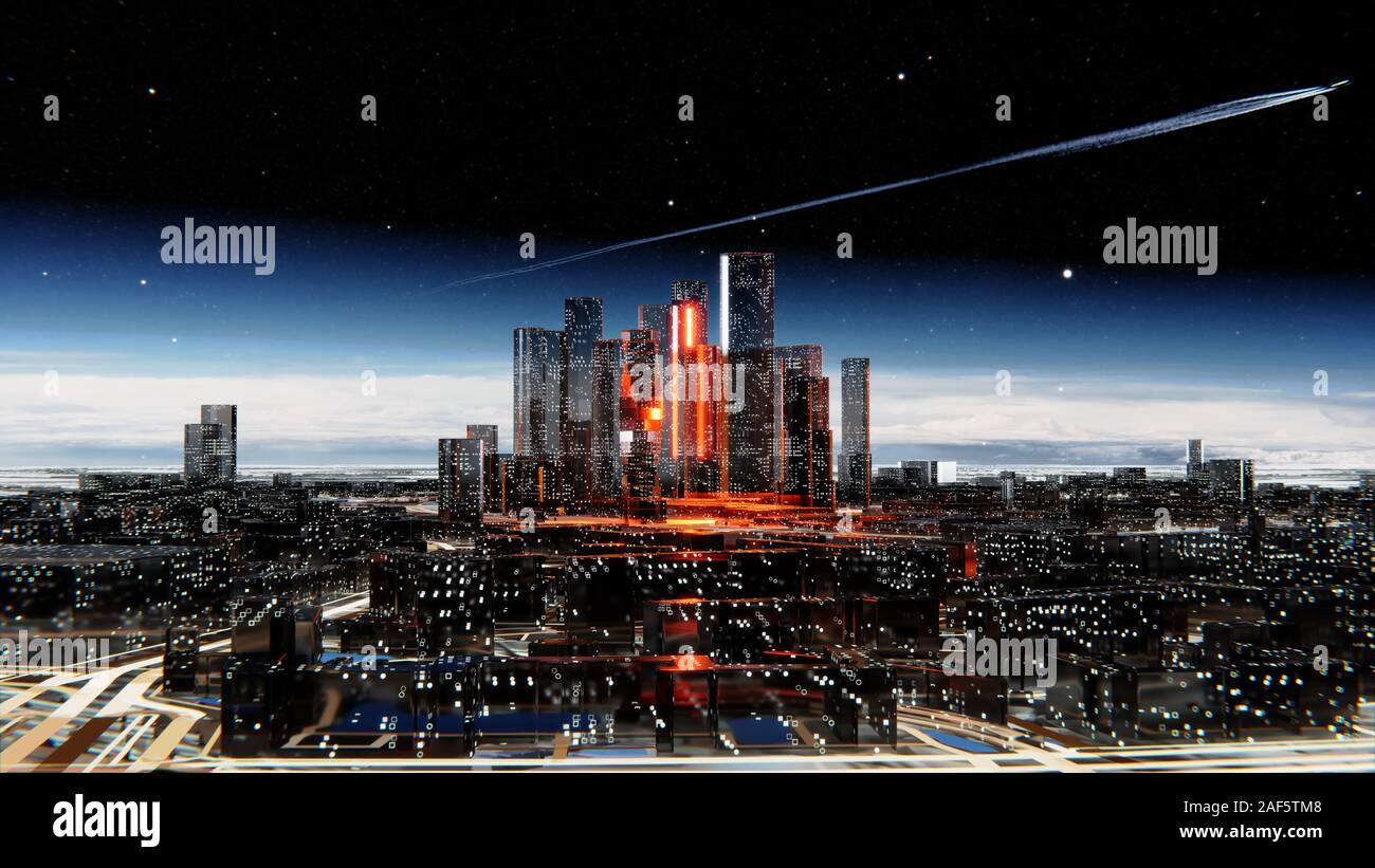 Futuristic glass city with luminous windows. Luminous roads and bright ...