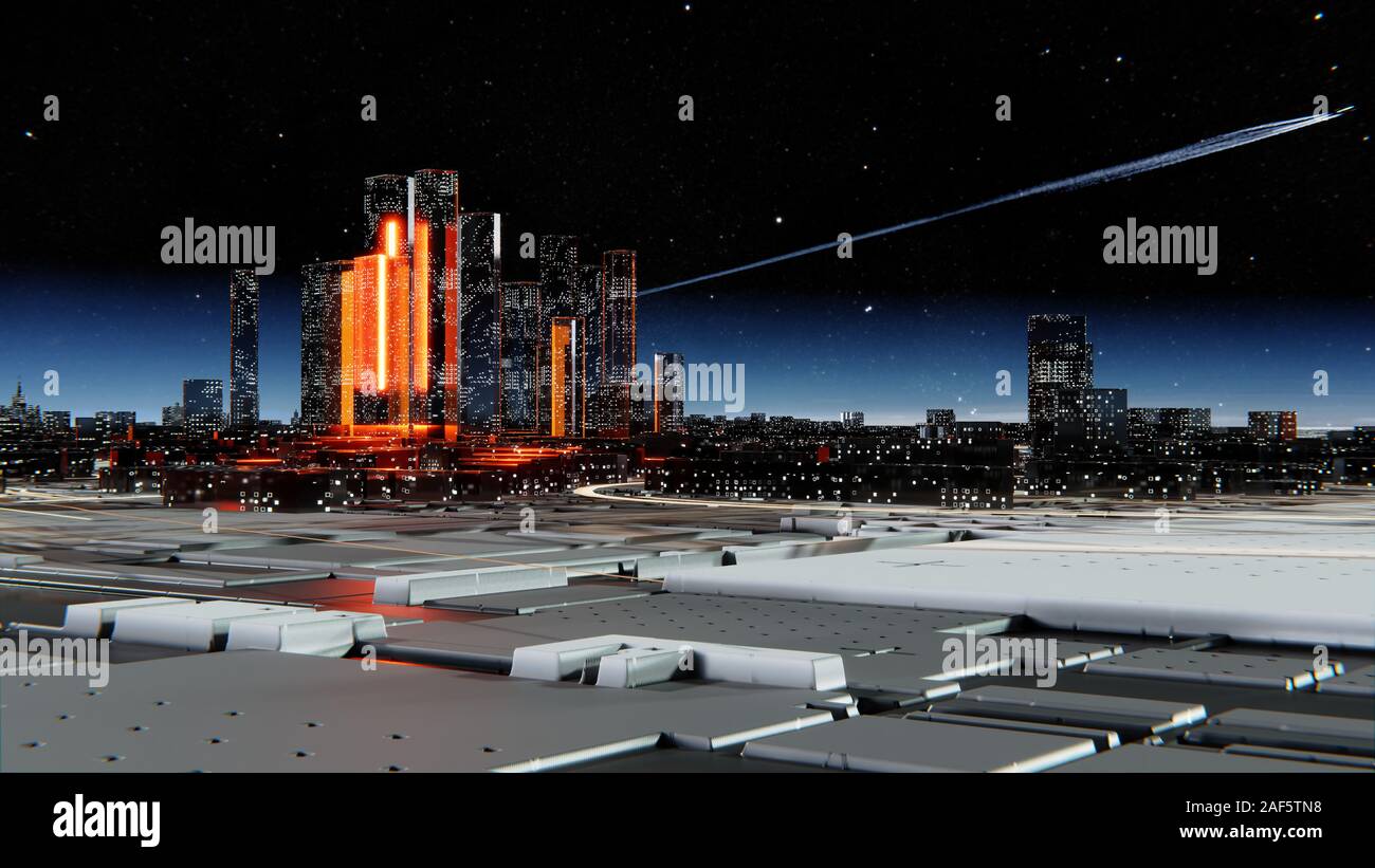 Futuristic glass city with luminous windows. Luminous roads and bright ...