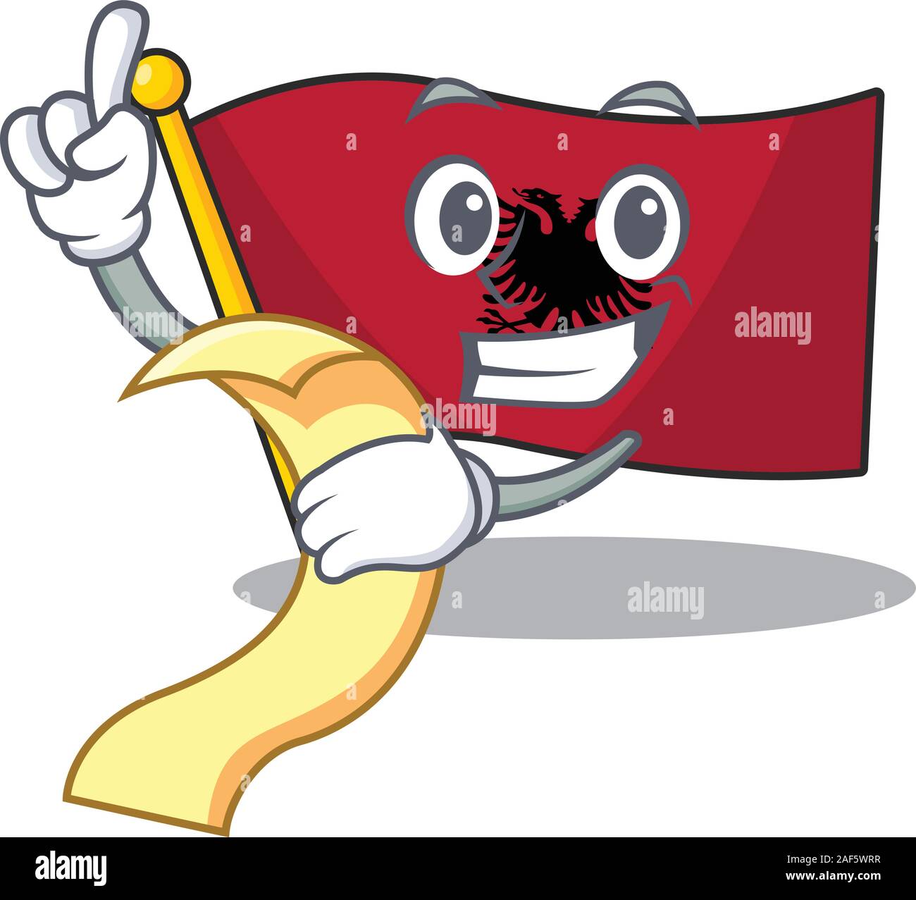 Flag albania Scroll cartoon character holding menu ready to serve ...