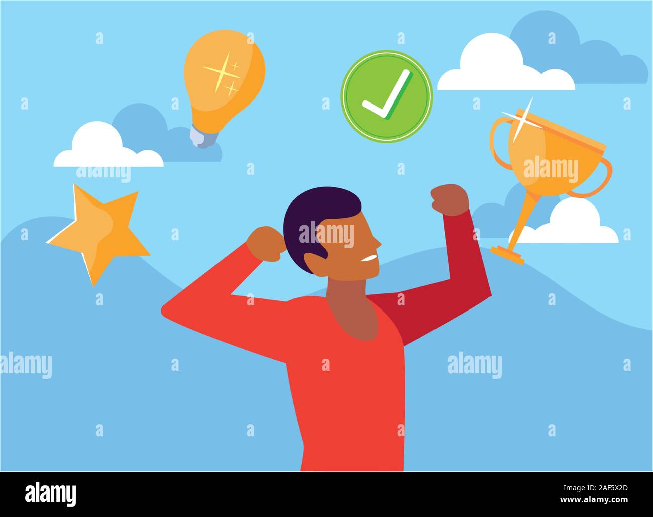 man with set of icons, goals, way to success vector illustration design ...