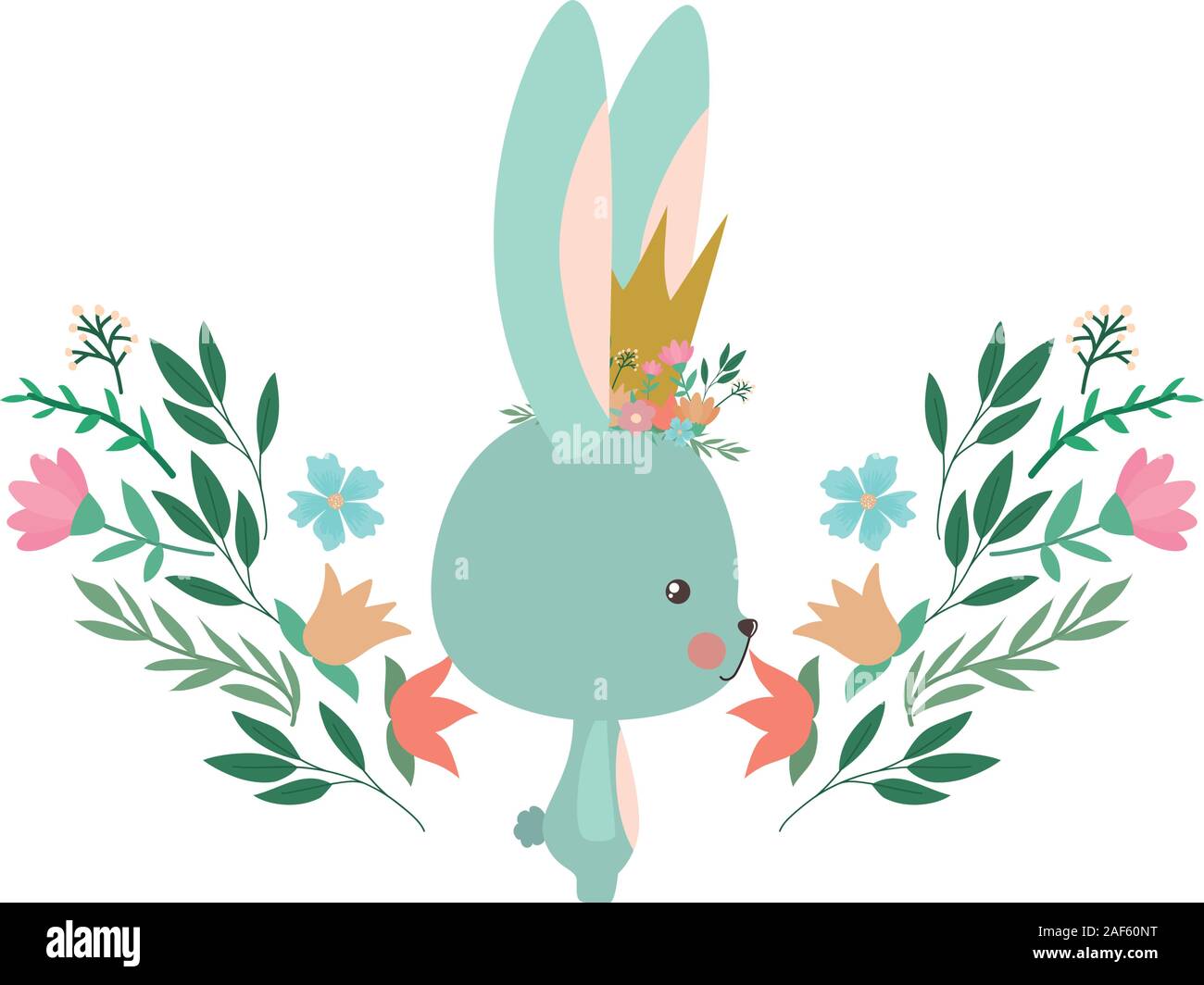 Cute rabbit with crown flowers and leaves vector design Stock Vector ...