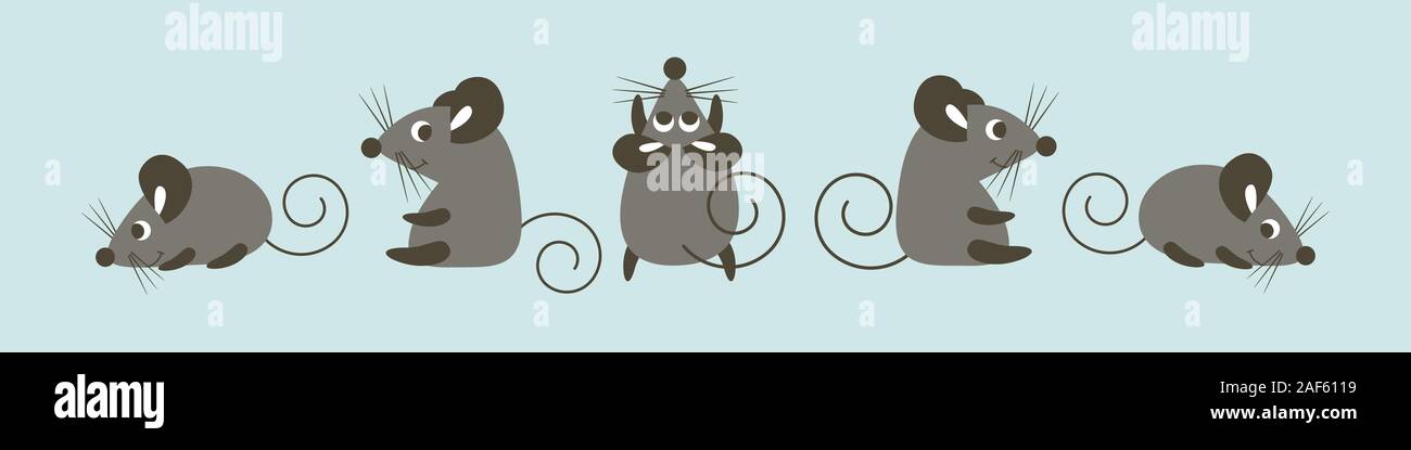 Horisontal poster with cute cartoon mice set. Grey animals on blue ...