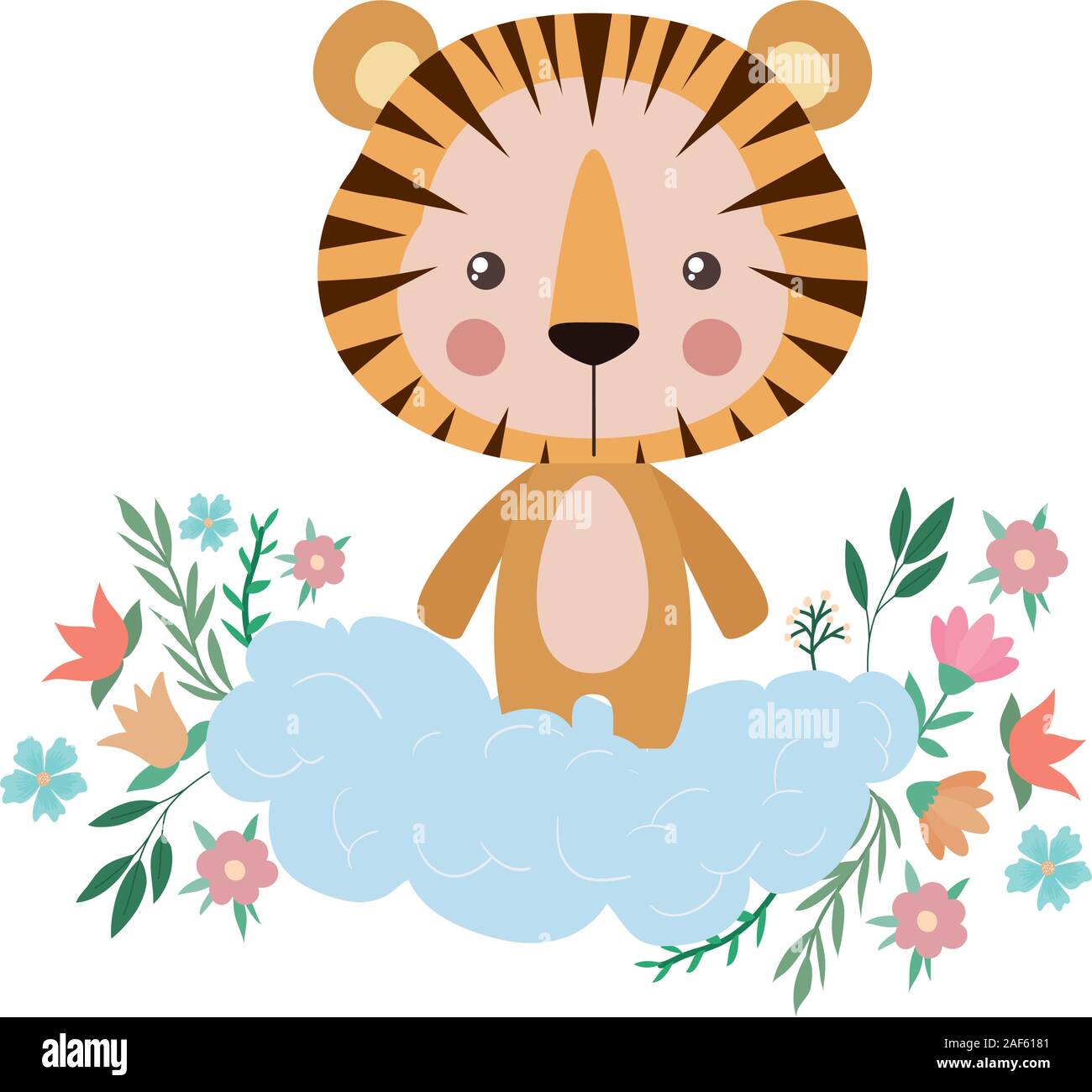 Cute tiger over cloud with flowers and leaves vector design Stock ...