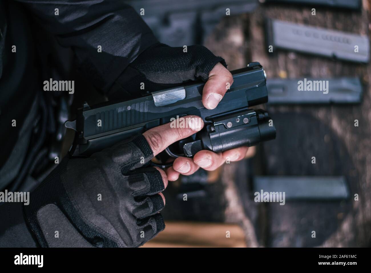 instructor in sport shooting to test your weapons in nature Stock Photo ...