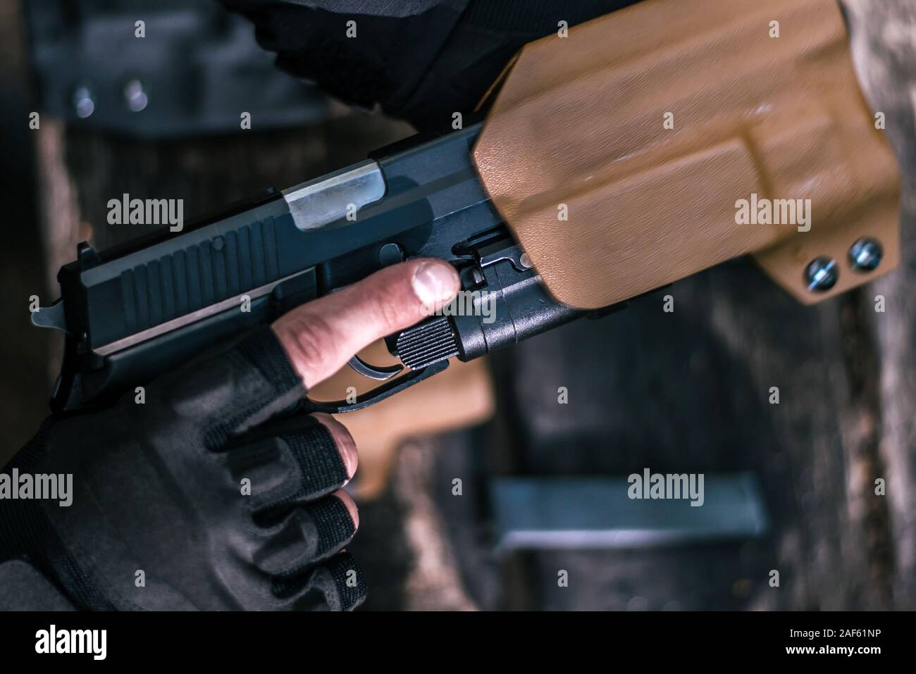 instructor in sport shooting to test your weapons in nature Stock Photo ...