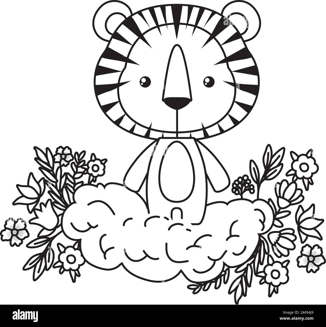 Cute tiger over cloud with flowers and leaves vector design Stock ...