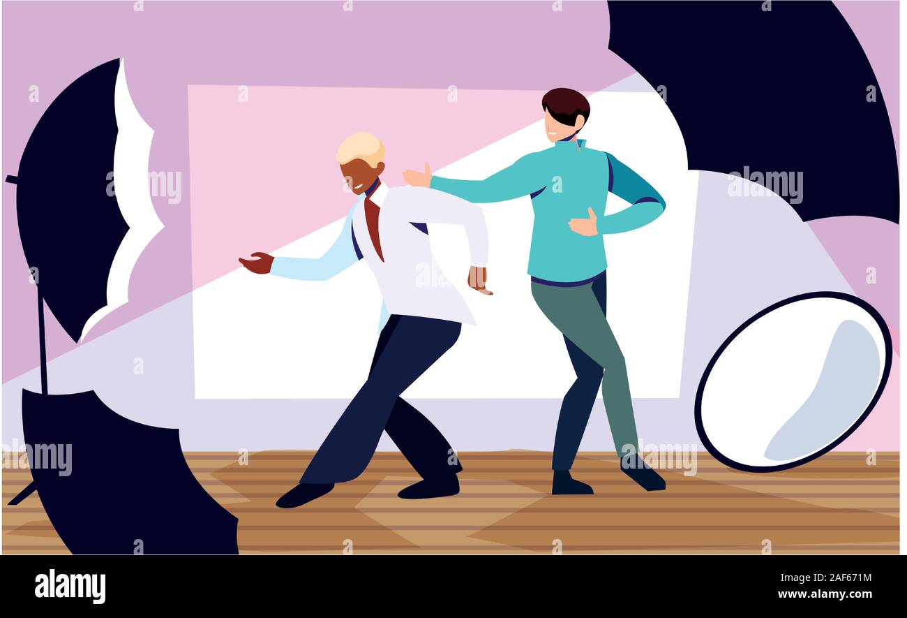 men posing with cameras in photo studio vector illustration design ...