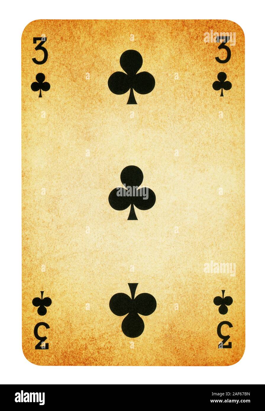 Three of Clubs Vintage playing card - isolated on white (clipping path ...