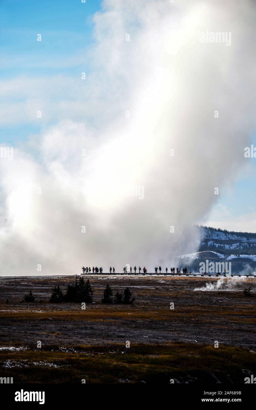 Visitors among fumaroles in Upper Geyser Basin, Yellowstone National ...