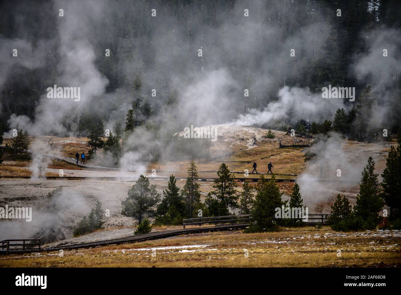 Visitors among fumaroles in Upper Geyser Basin, Yellowstone National ...