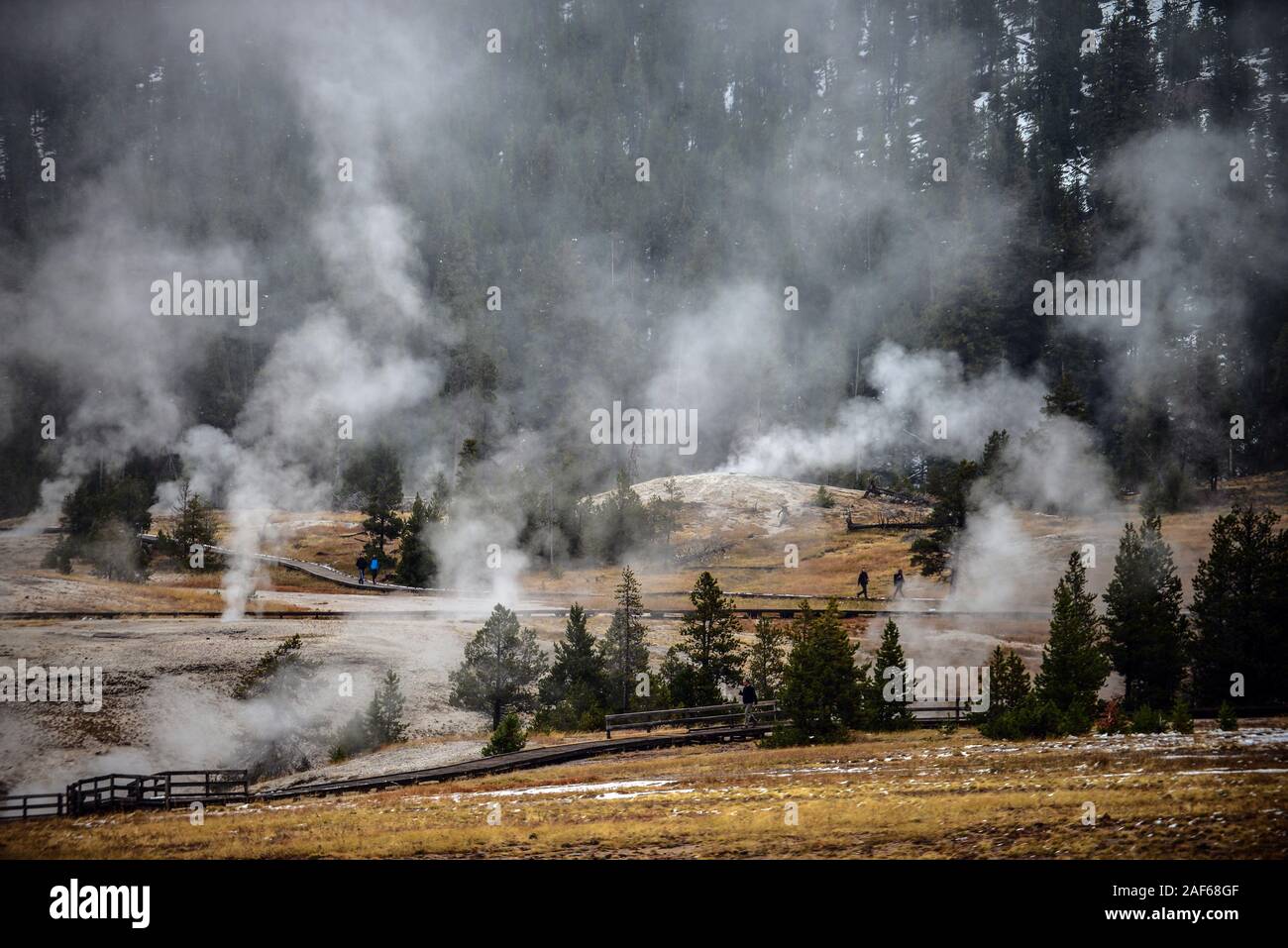 Visitors among fumaroles in Upper Geyser Basin, Yellowstone National ...