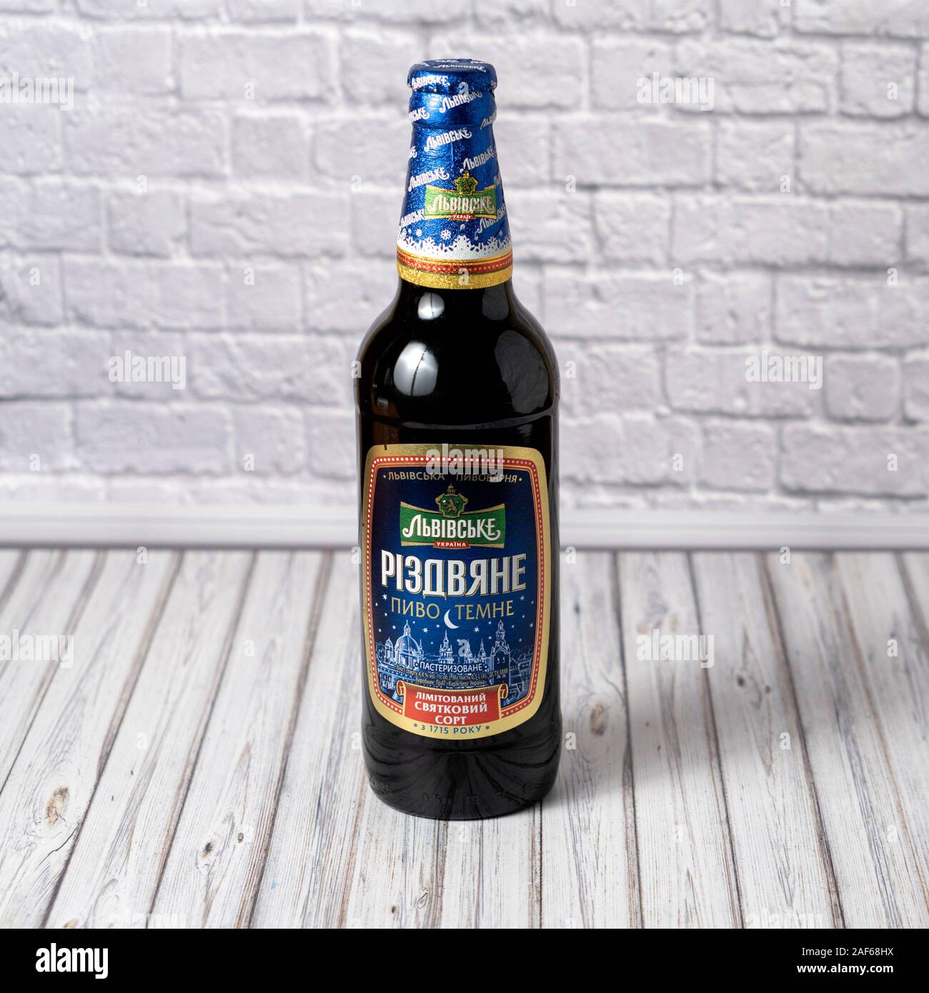 Odessa, Ukraine - December 11, 2019: Bottle of Ukrainian Christmas beer ...