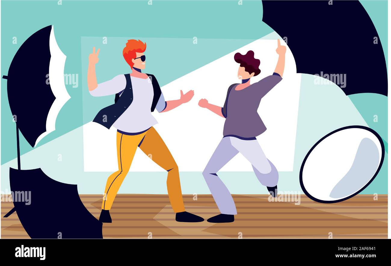 men posing with cameras in photo studio vector illustration design ...