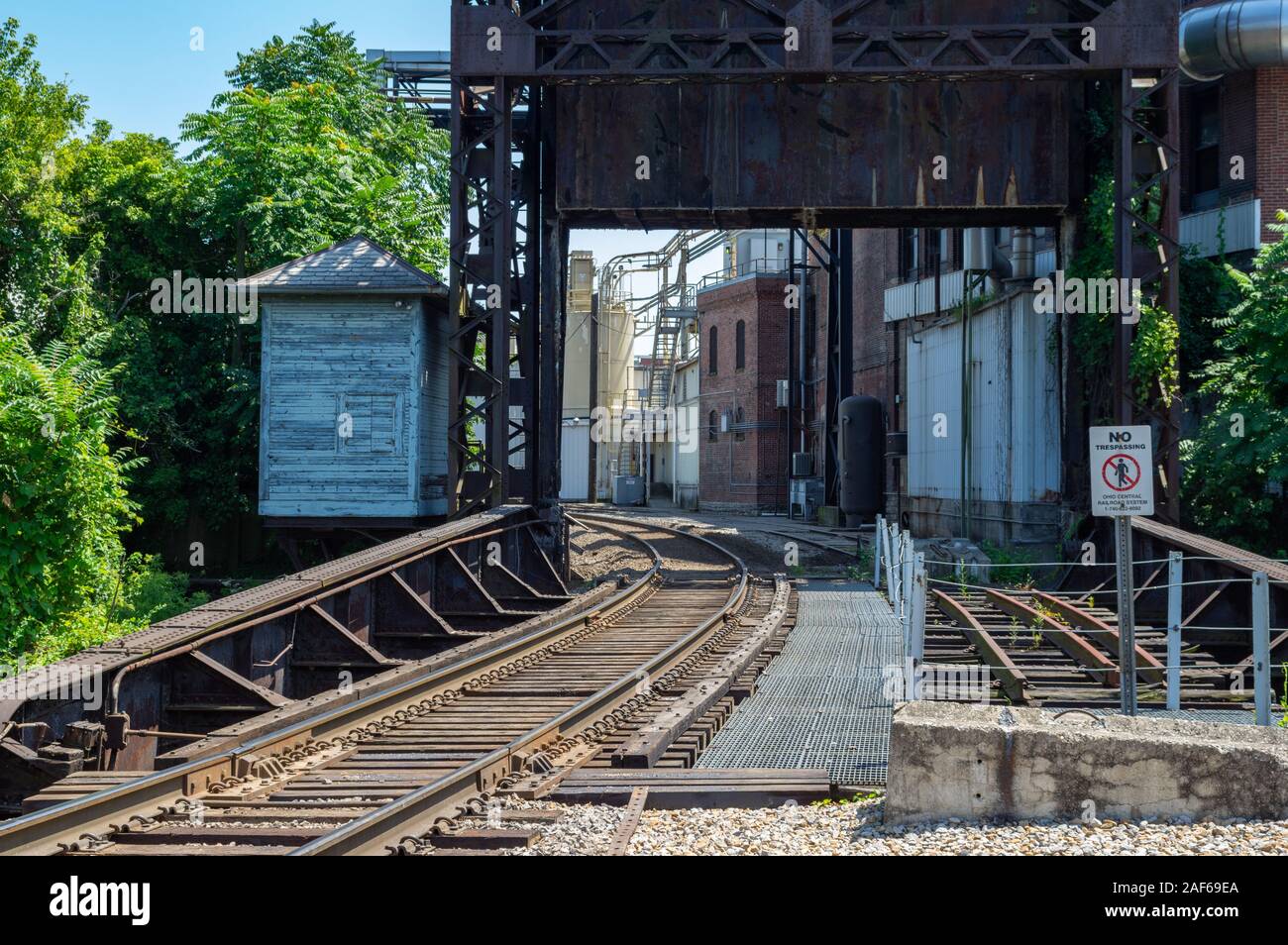 A railroad running on the backside of some warehouse buildings Stock ...