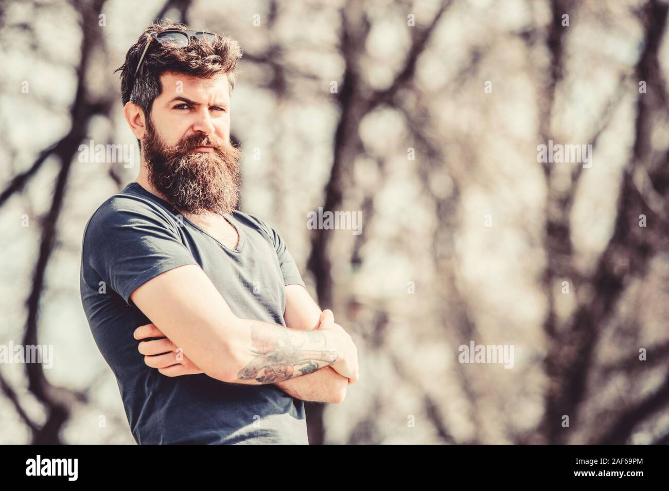 Masculinity and manliness. Man attractive bearded hipster posing ...