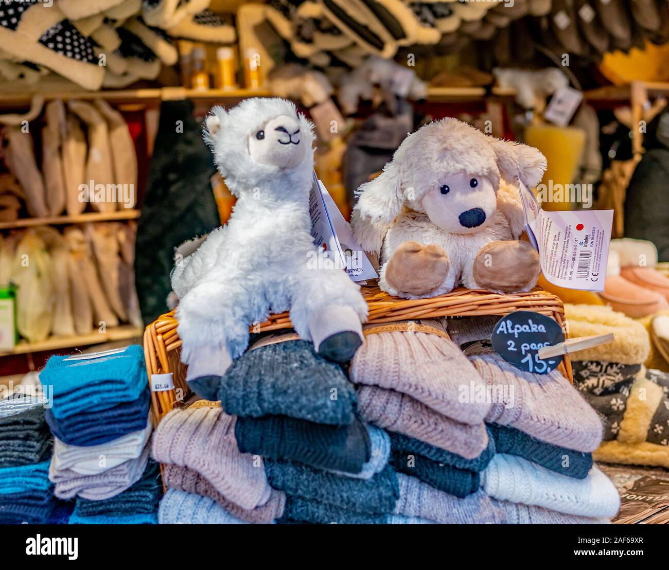 Selective focus on soft plush on the Alpaca wool product stall at the ...