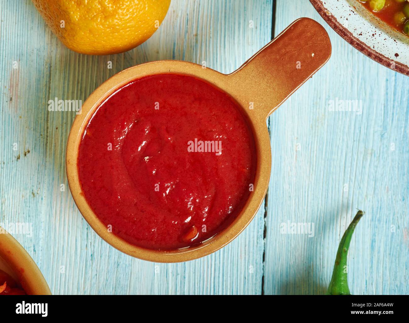 Harissa, hot chili pepper paste, Tunisian cuisine, Traditional assorted ...
